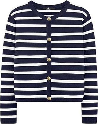 Generic Cardigan ray&eacute; &agrave; col rond pour femme, manches longues en tricot l&eacute;ger avec poches, Bleu ray&eacute;, XL