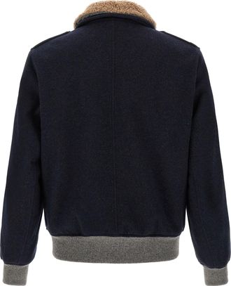 Brunello Cucinelli Cashmere with Shearling Collar Bomber Jacket - Blue
