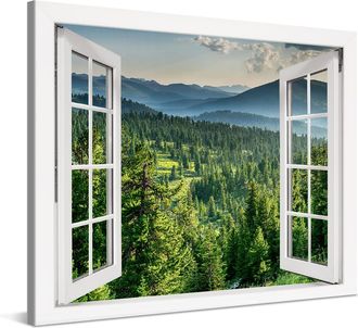 Picanova Leinwandbild Sonnenuntergang im Zedernwald Fenster 100x75cm - Premium Leinwanddruck - Wandbild Kunstdruck Auf 2cm Holz-Keilrahmen Für Schlaf- Und Wohn