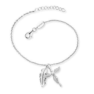 Engelsrufer Bracelet pour femme en argent sterling avec pendentif plume et pendentif ange - serti de 20 pierres en zircone - Fermoir mousqueton - Longueur réglabl