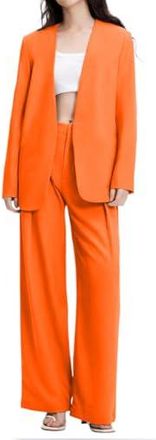 Minetom Tailleur Femme 2 Pièces Elegant Couleur Unie Manches Longues Blazer Veste Formel Bureau Travail Pantalon Set Ensemble Costumes Outfits A Orange XS