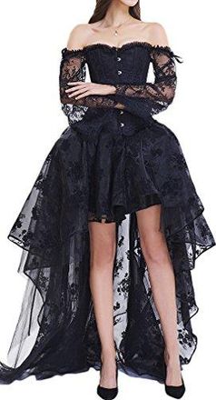 EUDOLAH Femme Corset Gu&ecirc;pi&egrave;re Vintage avec Robe pour Soir&eacute;e Halloween Ensemble 3 Pi&egrave;ces en Dentelle Gothique Mariage (XXL,a-Noir avec jupe)