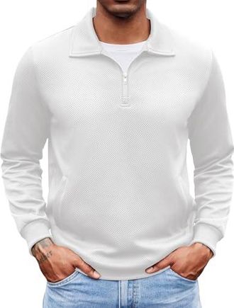 Coofandy Polo à Manches Longues pour Homme en Polyester avec Fermeture Éclair 1/4 et Poche Sport Polo Blanc L