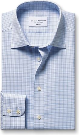 CHARLES TYRWHITT B&uuml;gelfreies Twill-Hemd mit Windowpane-Karos und Haifischkragen - Himmelblau Knopfmanschette