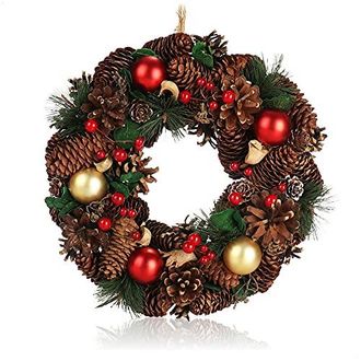 Com-Four Couronne de Porte Noël - Couronne de Sapin Noël - Couronne décorative - décoration de Noël - Sapin de Noël (Boules dorées + Rouges)