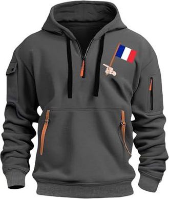 Generic Sweat à capuche zippé 1/4 pour homme, surdimensionné, couleur unie, imprimé drapeau français, vêtements de sport, manches longues, cordon de serrage, 