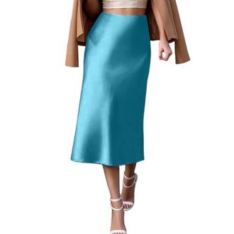 Generic Jupe midi longue en satin uni taille haute pour femme - Taille élastique dissimulée - 2025, vert menthe, M
