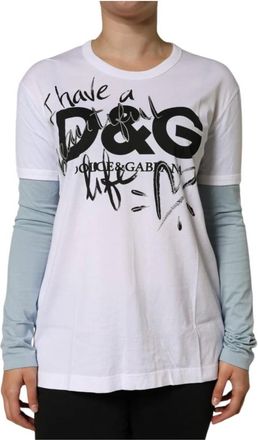 Dolce & Gabbana Femme, Tops, Blanc, Taille: 40 FR Tee-shirt &agrave; Manches Longues &agrave; Motif