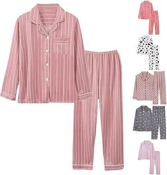 Generic Pyjama &agrave; boutons pour femme, ensemble de pyjama &agrave; manches longues tendance avec haut boutonn&eacute; et pantalon &agrave; jambe large, v&ecirc;tement de nuit &eacute;l&eacute;gant impr