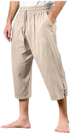 Generic Pantalon 3/4 en lin pour homme - Pantalon de jogging court en coton &agrave; s&eacute;chage rapide - Short baggy en lin - Short d&eacute;t&eacute; d&eacute;contract&eacute; - Couleur unie - Pa