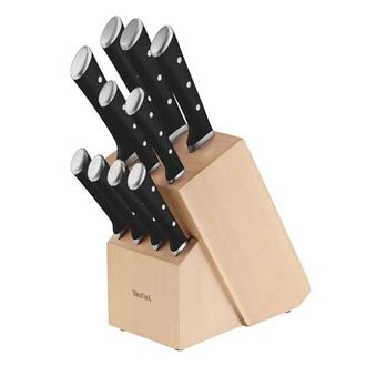 T-fal Ice Force 11-tlg. Messerblock-Set, 6 Messer, 4 Steak Messer, 1 Holz-Messerblock, hochwertiger, deutscher Edelstahl, Ice Force Technologie, korrosionsb
