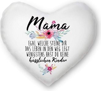 Tassendruck Kissen mit Spruch Mama - Wenigstens hast du keine hässlichen Kinder - Geschenk-Idee/Witzig/Sohn/Tochter/Familie/40x40 - Herzkissen Weiß inkl. Füllung