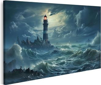 Islandburner Leinwandbild Sturmflut Leuchtturm Dunkle See Wellen und Lichtstrahl - Leinwand 80x40cm