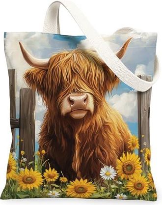 Generic Sac fourre-tout en toile de vache des Highlands printani&egrave;res pour faire du shopping, 33 x 38,1 cm, sac d&eacute;picerie r&eacute;utilisable pour femme, sac d&eacute;piceri