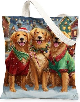 Generic Sacs fourre-tout en toile pour chiens de No&euml;l, sacs r&eacute;utilisables, vintage l&eacute;gers et lavables avec bandouli&egrave;re en toile, Blanc, 13x15 Inch