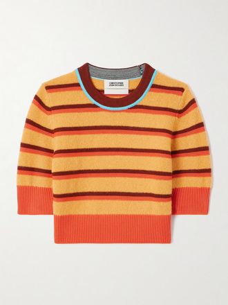 Christopher John Rogers Gestreifter, Kurzärmeliger Pullover Aus Einer Gebürsteten Merinowollmischung - Orange