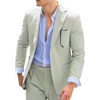 Generic Ensemble de costume fin en seersucker ray&eacute; pour homme - Tenue d&eacute;t&eacute; pour la plage et le mariage - 2 pi&egrave;ces - Costume classique &agrave; ventouse, Vert, XXL