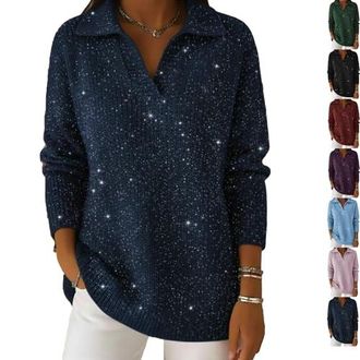 Generic Pull ample et brillant &agrave; col en V pour femme - Pour f&ecirc;te de No&euml;l, noir fonc&eacute;, XXL