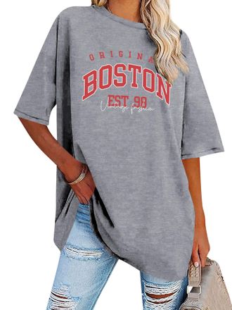Dresswel Oversized T Shirt Damen Boston Brief drucken Vintage T-Shirt Kurzarm Rundhals Retro Tee Shirts Sommer Oberteile Lose Bluse Lang Tops für Teenager Mädc