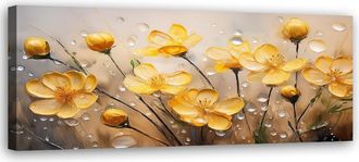 Feeby Bild auf Leinwand - Wandbilder Wohnzimmer Aesthetic - Gelbe Blumen Pflanzen Tautropfen - 100x40 1tlg - Schlafzimmer Wandekoration - Bilder Zimmer - Li