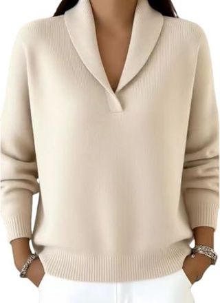 Generic 2026 Pull r&eacute;tro &eacute;l&eacute;gant &agrave; col ch&acirc;le des ann&eacute;es 80 de couleur unie, pull d&eacute;contract&eacute; &agrave; manches longues et col en V, pull tricot&eacute;, abricot, 3XL