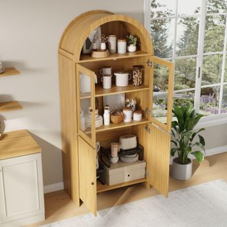 STILVORA Buffet Haut avec 2 Portes Vitr&eacute;es et 2 Portes, Motif Ondul&eacute;, Style Moderne, en Panneaux, 78&times;40&times;176 cm, Naturel