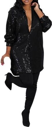 Generic Robe chemise ample &agrave; paillettes pour femme Printemps/Hiver Robe courte de demoiselle dhonneur Grande taille, Noir, 3XL