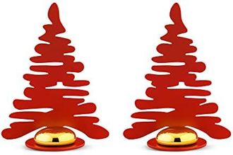 Alessi Barkplace Tree BM16S2 R - Set de Deux Marque-Places en Forme de Sapin de No&euml;l, en Acier Color&eacute; avec R&eacute;sine Epoxy, Rouge avec Aimant en Porcelaine