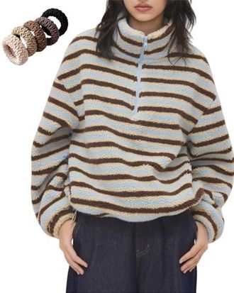 Generic Y2k Sweat-shirt en polaire &agrave; rayures Y2K pour femme, col montant surdimensionn&eacute;, manches longues, couleurs chaudes et pelucheuses, col haut, C, XL