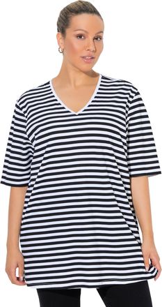 Ulla Popken Damen gro&szlig;e Gr&ouml;&szlig;en &Uuml;bergr&ouml;&szlig;en Plus Size T-Shirt, Ringel, Relaxed, V-Ausschnitt, Halbarm schwarz 46+ 846539100-46+