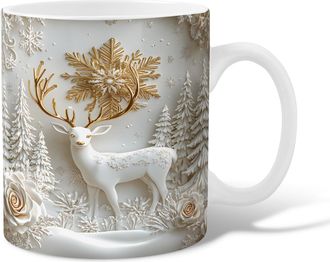 Generic Keramik-Kaffeetasse mit Hirsch, Winter, elegant, Schneeflockenbaum, Winter, wei&szlig;, Neuheit, B&uuml;ro, Trinkbecher mit Griff, Geschenk f&uuml;r Freunde, Familie,