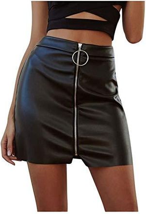 Generic Jupe Marron Femme - Mode Femmes Solide Fermeture &eacute;clair Jupe Courte Taille Haute en Cuir Mini Jupe Fourreau Jupe Ouverte Derri&egrave;re Sexy
