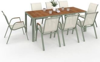 IDMarket Salon de jardin NOUMEA table 190 cm plateau verre tremp&eacute; effet bois et 8 chaises empilables vert et bois
