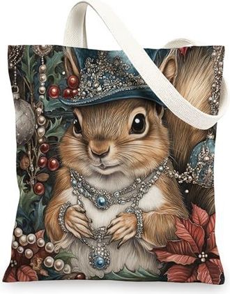 Generic Sac fourre-tout vintage en toile avec motif &eacute;cureuil de No&euml;l pour faire du shopping, 33 x 38,1 cm, sac d&eacute;picerie r&eacute;utilisable pour femme, peinture est