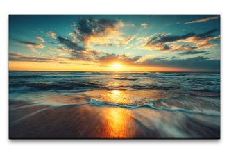 Paul Sinus Art Bilder XXL schöner Strand 120x70cm Wandbild auf Leinwand eines Sonnenuntergangs am Meer