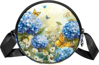 Generic Sac &agrave; bandouli&egrave;re rond pour femme, motif papillon, fleurs, petit sac &agrave; bandouli&egrave;re avec fermeture &eacute;clair, bretelles r&eacute;glables, sac &agrave; main rond d&eacute;contr