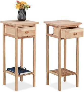 Relaxdays Telefontisch, 2er Set, Holz, HxBxT: 60 x 25 x 25 cm, Beistelltisch mit Schublade, für Flur & Wohnzimmer, Natur