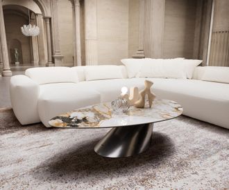 DELIFE Couchtisch Edge Organisch 140x76 cm Keramik Patagonia Poliert Conis Edelstahl geb&uuml;rstet, Couchtische