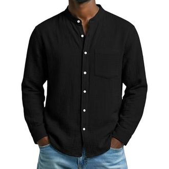 Generic Chemise Henley d&eacute;contract&eacute;e &agrave; manches longues pour homme avec poche de poitrine et col rond - T-shirt classique &agrave; boutons - L&eacute;ger et tendance - Uni - 