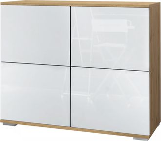 Vladon Kommode Rova V3, Moderner K&uuml;chenschrank mit 4 Push-to-Open T&uuml;ren Eiche Evoke/Wei&szlig; Hochglanz (92,5 x 75.5 x 35)