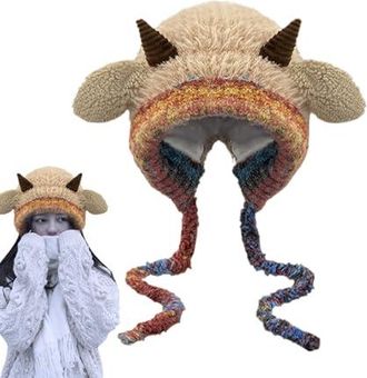 Generico Joli bonnet dhiver chaud avec capuche en cornes de moutons - Chapeau dhiver mignon avec capuche - Doux avec oreilles et couverture