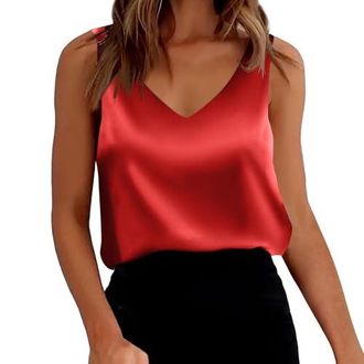 Generic Haut en satin pour femme - &Eacute;l&eacute;gant - Rouge - D&eacute;bardeur de sport ample - Haut d&eacute;t&eacute; sexy en soie avec col en V - Haut sans manches - Chemisier basique -