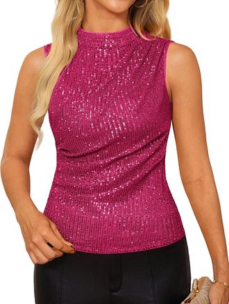 Grace Karin Damen &Auml;rmelloses Pailletten Tank Top Elegant Neckholder Glitzer Bluse Slim Fit Party Cocktail Oberteile Rosenrot M