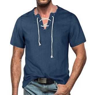 Generic DENGJIAMY T-shirts vintage pour hommes &agrave; lacets col en V T-shirt &agrave; manches courtes v&ecirc;tements unis hauts d&eacute;t&eacute; tendance pour hommes t-shirt d&eacute;contract&eacute;,