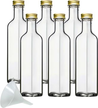 mikken Art 6 x Glasflasche 250 ml mit Schraubverschluss, leere Flaschen zum Befüllen als Ölflasche, Schnapsflasche, Likörflasche + 1 Trichter