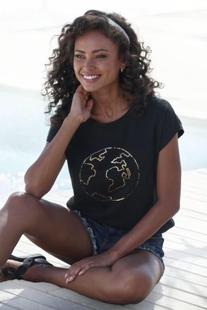 Vivance Rundhalsshirt VIVANCE mit goldfarben schimmerndem Frontprint, Damen, Gr. 40/42, schwarz, Slub, Obermaterial: 100% Baumwolle, bedruckt, bequem normal, 