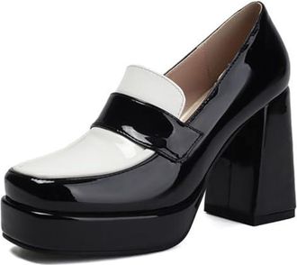 Generic Eestfy Mocassins &agrave; Plateforme en Cuir Verni Femme Talon Bloc Deux Tons Bout Carr&eacute; Escarpins Robe pour Style R&eacute;tro Streetwear et Chaussures de Mode Quo