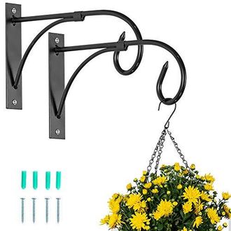 Nuptio Lot de 2 supports de panier suspendus : crochets de jardin en m&eacute;tal pour plantes et mangeoires &agrave; oiseaux - Noir