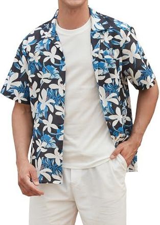 Hisdern Chemise Hawaïenne Homme Ete Coton Funky Chemise a Fleur Homme Manches Courtes Casual Chemises pour Vacances Plage Fête Noir & Bleu XL