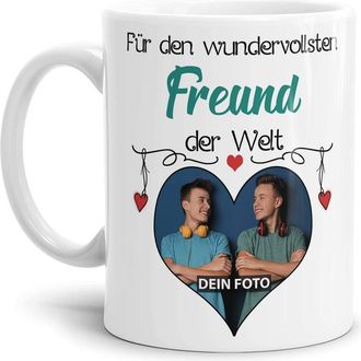 Tassendruck Tasse mit Spruch - Wundervollster Freund der Welt - personalisiert mit Wunschfoto - Geschenkidee für den besten Freund - Weiß, 300 ml